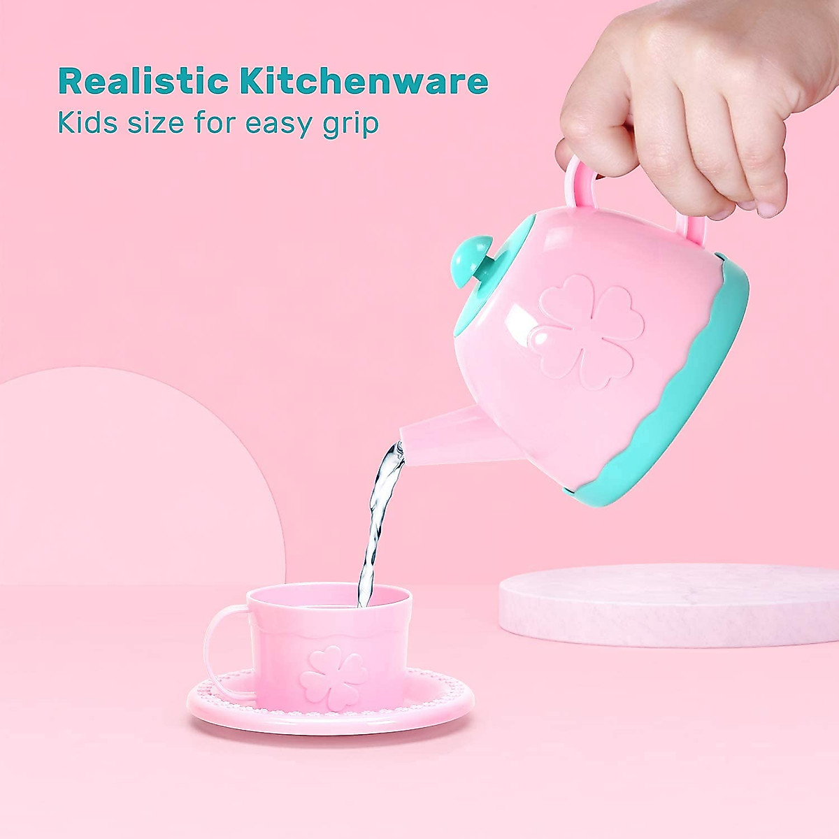 CUTE STONE Toy Tea Set for Little Girls, Kids Tea Party Set Includes Kettle with Light & Music, Teapot, Dessert, Cookies, Play Tea Party Accessories & Carrying Case, Kitchen Pretend Play for Kids