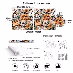 HAOKHOME 93191 Vintage Peel and Stick Floral Wallpaper Removable Large Peony Black/Orange/Pink Vinyl Self Adhesive Mural 17.7in x 9.8ft