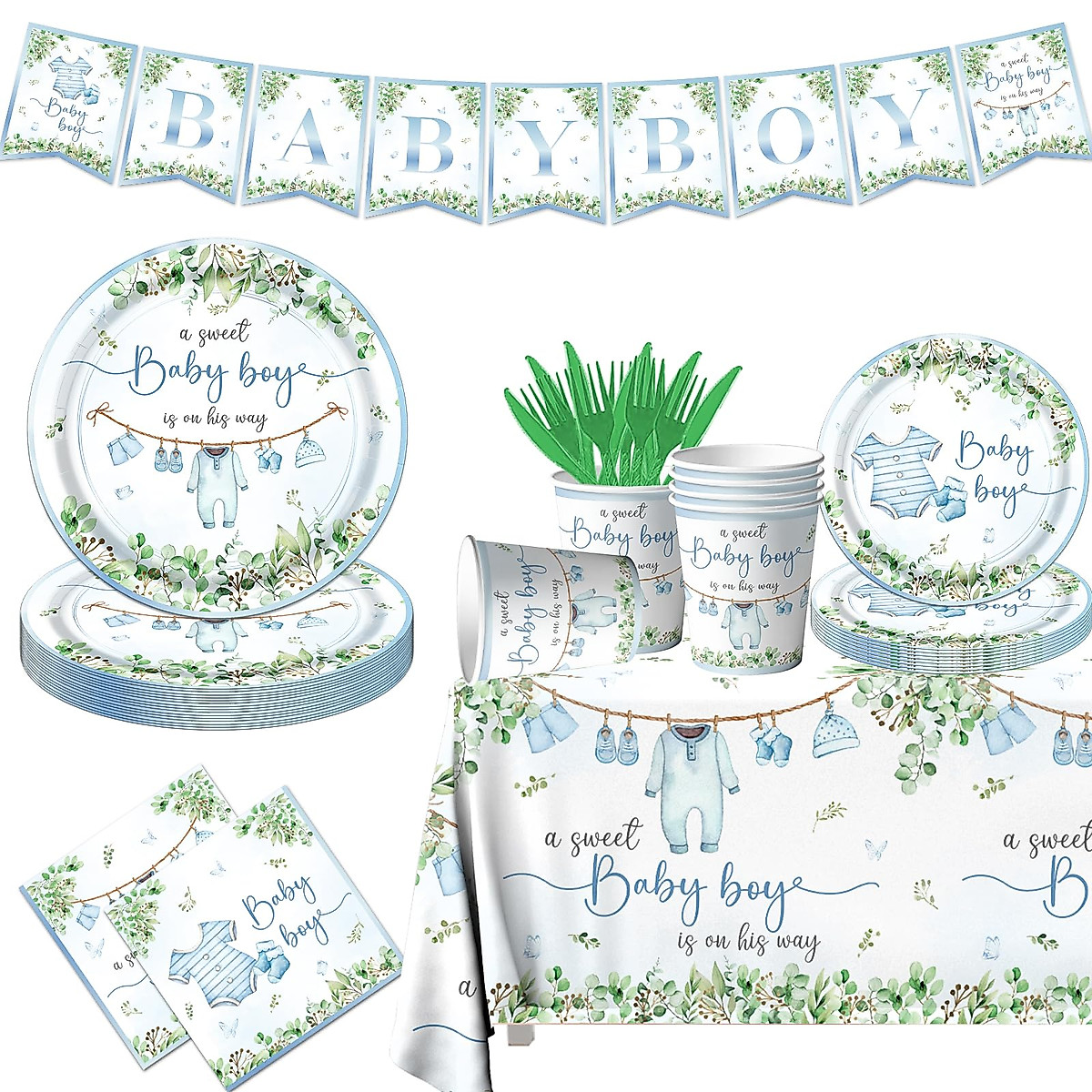 Greenery Baby Shower Tableware Set,Watercolor Blue Boy Baby Shower A Sweet Boy Is On His Way Plates and Napkins Sets Include Plates Napkins Cups Tablecloth for Boy Baby Shower Gender Reveal Supplies