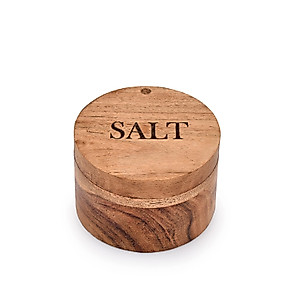 EDHAS Acacia Wood Round Condiment Pot with Magnetic Swivel Lids for Kitchen Countertop "Salt" Engraved on Lid (3.5” x 3.5” x 2.5”)