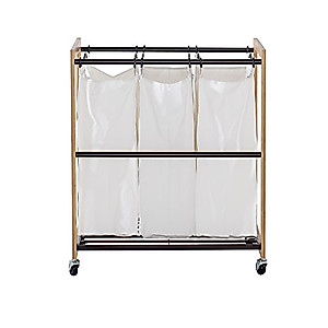 TRINITY 3-Bag Bamboo Laundry Cart, Laundry-Room Organization and Dirty Clothes Hamper with Wheels for Bedroom, Closet, Dorm Room and More, Bronze Poles