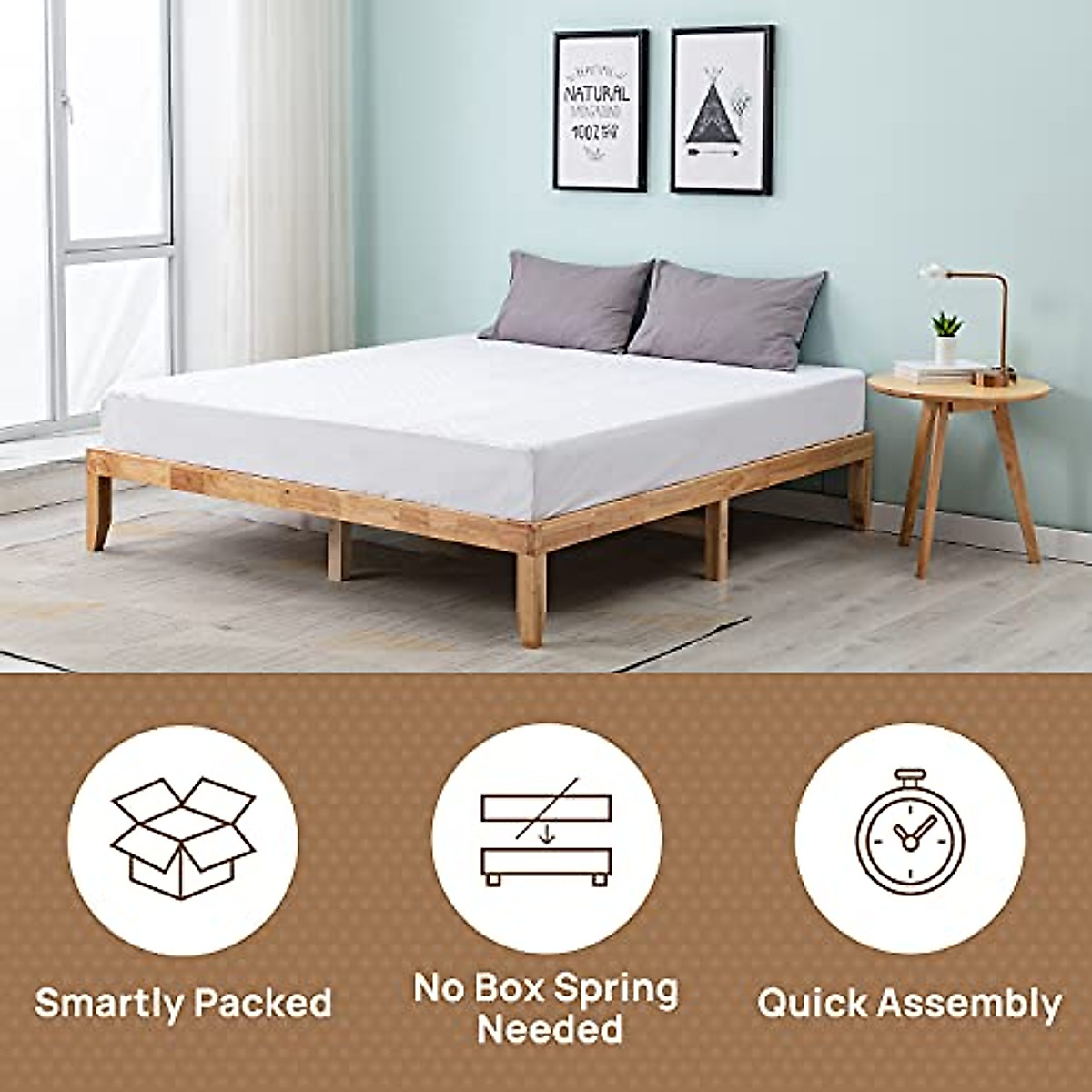 wonline Wood Platform Bed Frame Solid Wood Foundation No Box Spring Needed Wooden Slat Support Oak Wood Natural Finish Home Bedroom Furniture Platform Base