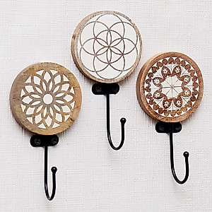 Indian Shelf 3 Piece Wood Boho Wall Hooks for Hanging Coats, Bags, Backpack Decorative Key Holder Unique Coat Rack Wall Mounted Natural Brown Key Hooks