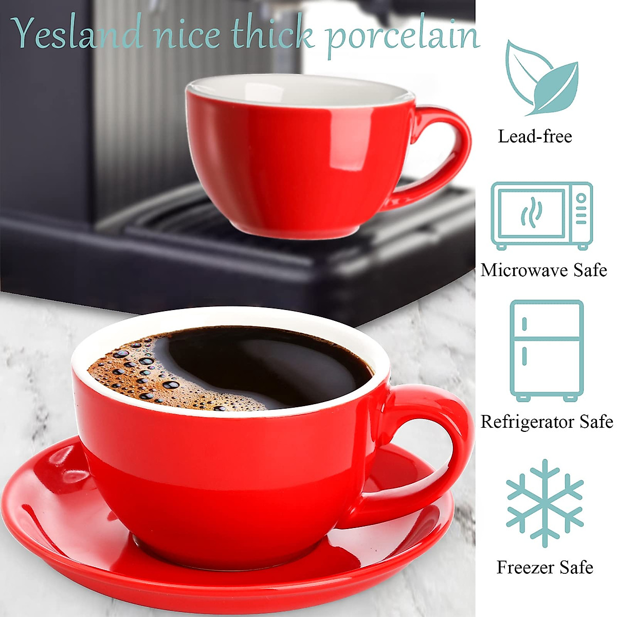 Yesland 2 Pack Ceramic Coffee Cup with Saucer, 8.5 oz Cappuccino Cup Latte Cup, Glossy Red Espresso Cups for Specialty Coffee Drinks, Latte, Cafe Mocha and Tea