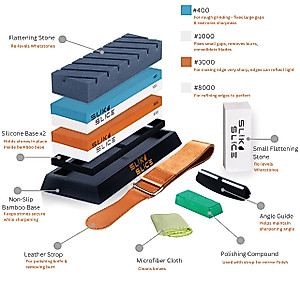 All-In-One Professional Grade Whetstone Knife Sharpening Stone Set - Premium Dual Grit 400/1000 3000/8000 With Bamboo Base, Fixed Angle Guide, Polishing Compound, Leather Strop & More!