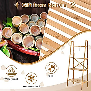 Tangkula 4 Tier Bamboo Ladder Bookshelf, Freestanding Plant Display Stand w/Anti-Tipping Device, Multifunctional Storage Shelves Rack for Home Office Living Room Bedroom Study Hallway (Natural)