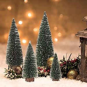 Artificial Mini Christmas Tree,4pcs Bottle Brush Christmas Tree with 1pc String Lights Contains 30 LEDs, Small Sisal Trees with Wooden Bases,Xmas Holiday Decor