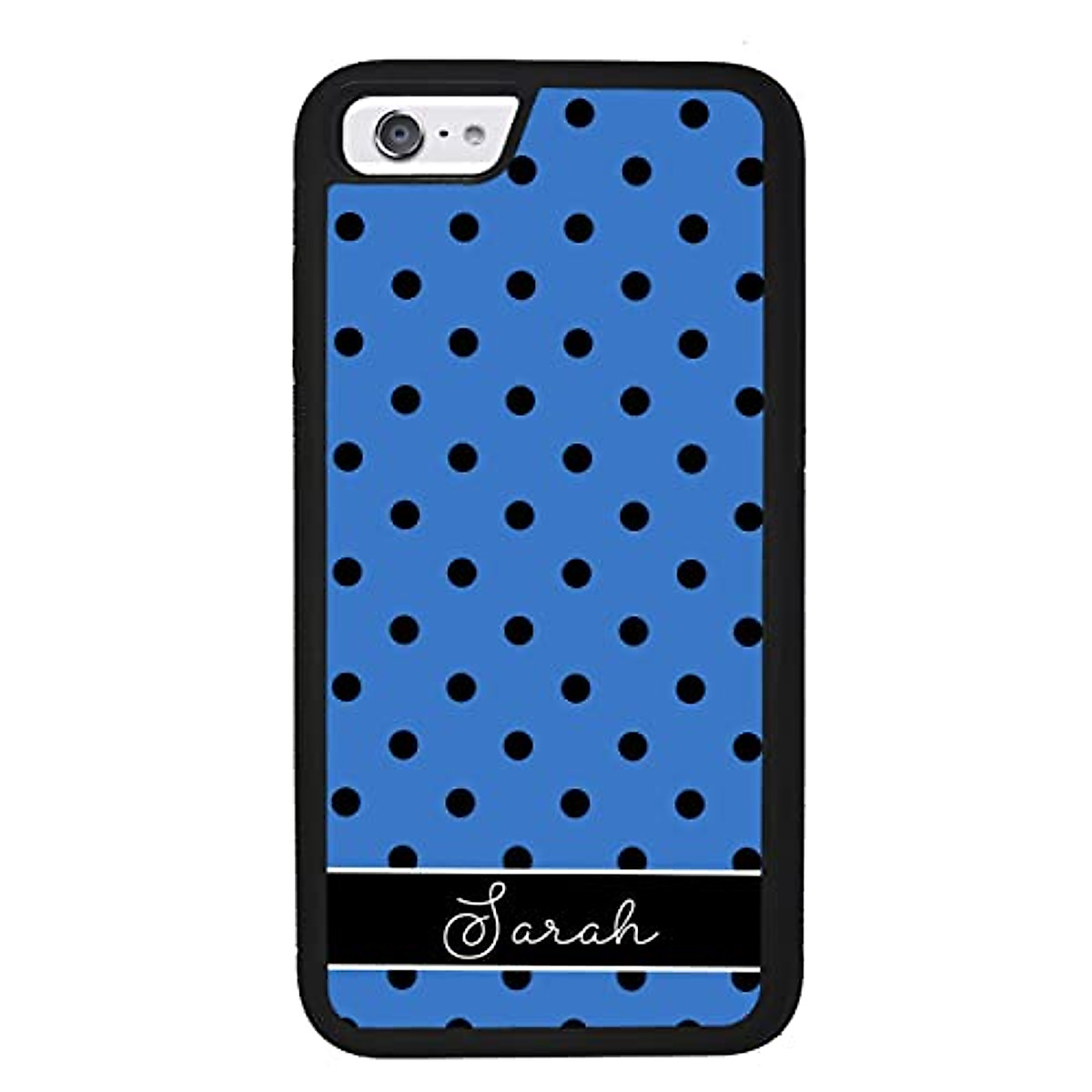 Blue Black and White Polka Dot Personalized Apple iPhone Black Rubber Phone Case Compatible with iPhone 14 Pro Max, Pro, Max, iPhone 13 Pro Max Mini, 12 Pro Max Mini, 11 Pro Max X XS Max XR 8 7 Plus