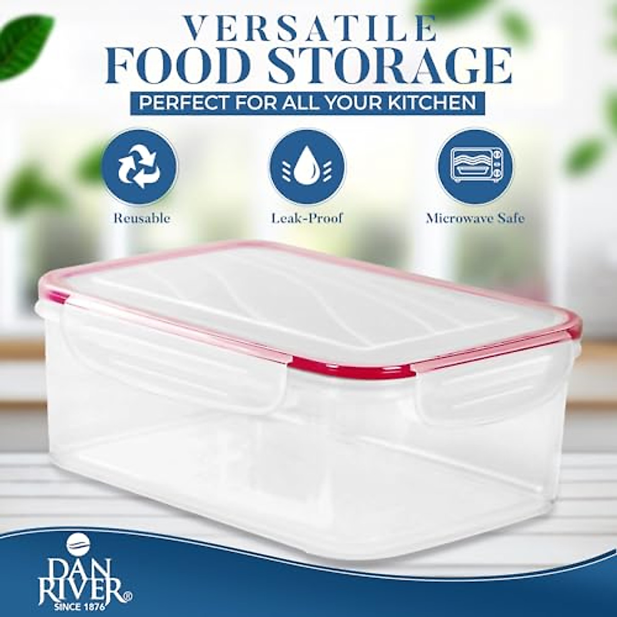 DAN RIVER Reusable Air Tight Plastic Containers with Lids 24-Piece Set (12 Containers & 12 Snap Lids), Leak-Proof & Microwave Safe, Air Tight Food Storage Set, Red