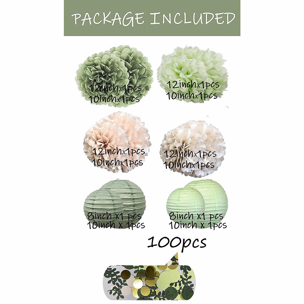 Sage Green hanging Party Decorations for Baby Bridal Shower Boho Wedding Birthday Supplies in Wall Decor with Tissue pom poms and Lanterns (Boho green)