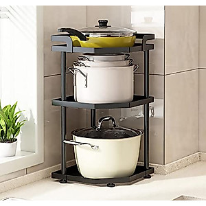 Nicunom 3-Tier Kitchen Corner Organizer Shelf, Countertop Storage Rack, Under Sink Organizers, Pots and Pans Organizer for Cabinet, Bathroom Countertop Organizer, Black