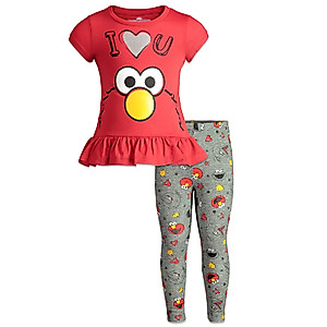 Sesame Street Elmo Big Bird Cookie Monster Toddler Girls T-Shirt and Leggings Outfit Set Red 4T