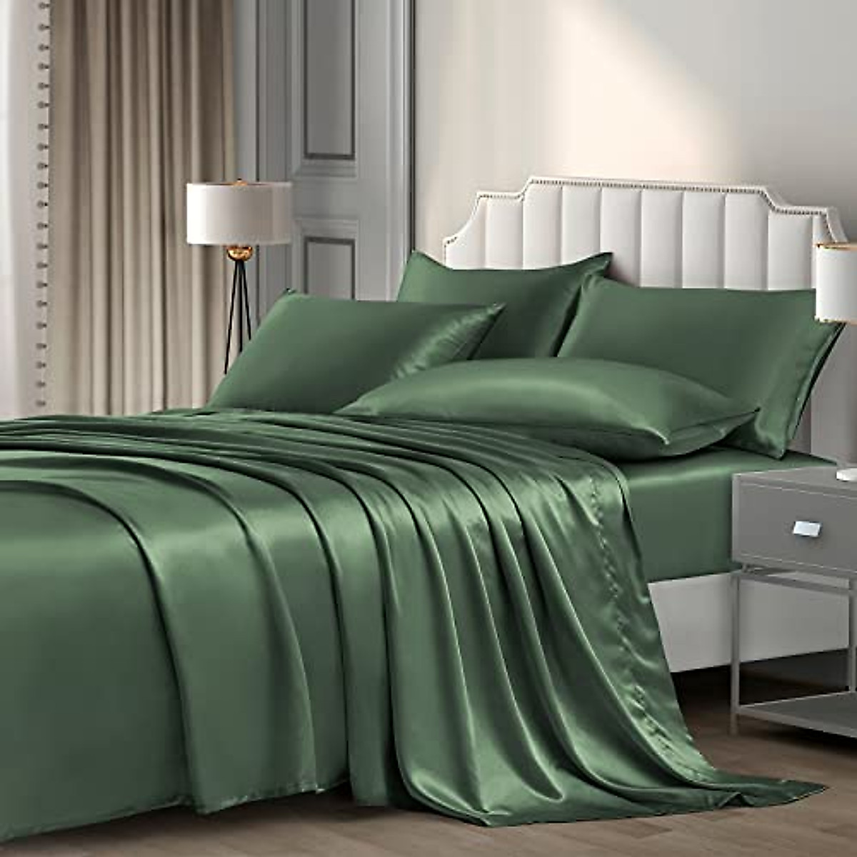 P Pothuiny 6-Piece Queen Satin Sheets Luxury Woodland Green Satin Bedding Sheet Set, 1 Deep Pocket Fitted Sheet + 1 Flat Sheet + 4 Pillow Cases