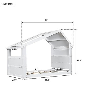 Bellemave Twin Floor Bed for Kids,Twin Size House Bed Frame with Roof, Window and Led Light Design,Wood Twin Montessori Floor Bed for Girls Boys, White