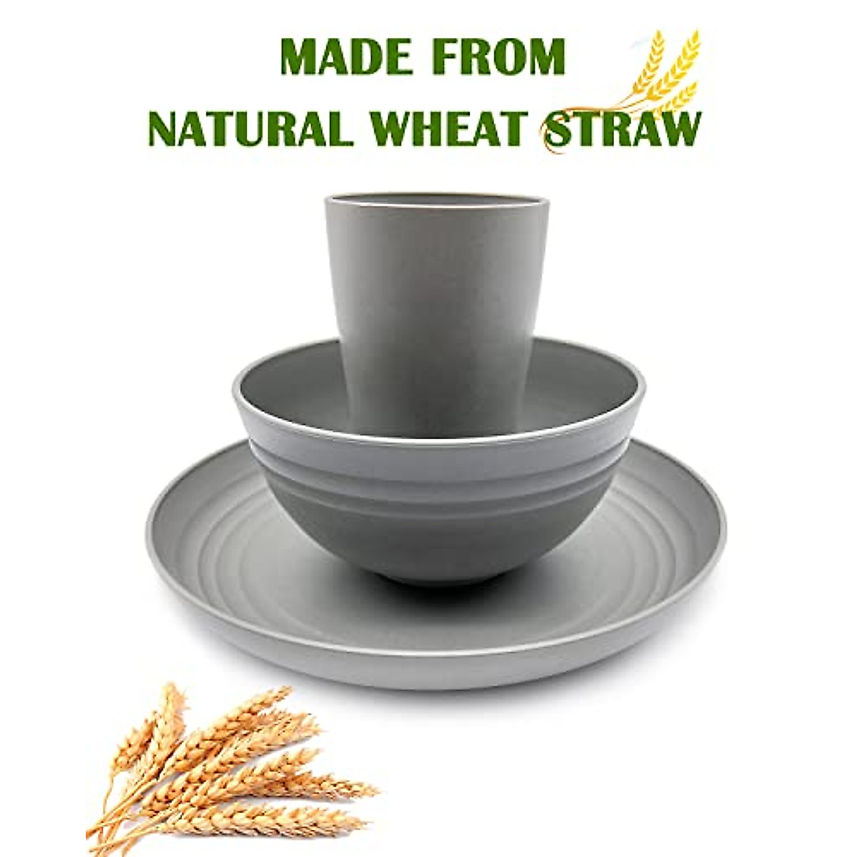 KITWILD Wheat Straw Dinnerware Sets, 12-Piece Lightweight Plastic Dinnerware Set with 8.9 Inch Unbreakable Plates, Bowl Set and Cup Set, BPA free, Dishwasher & Microwave Safe, Service for 4 - Grey