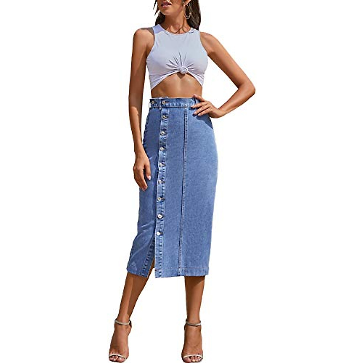 ELSTAROA Women's Casual High Waisted Solid Button Up Denim Jean Skirt Light Blue