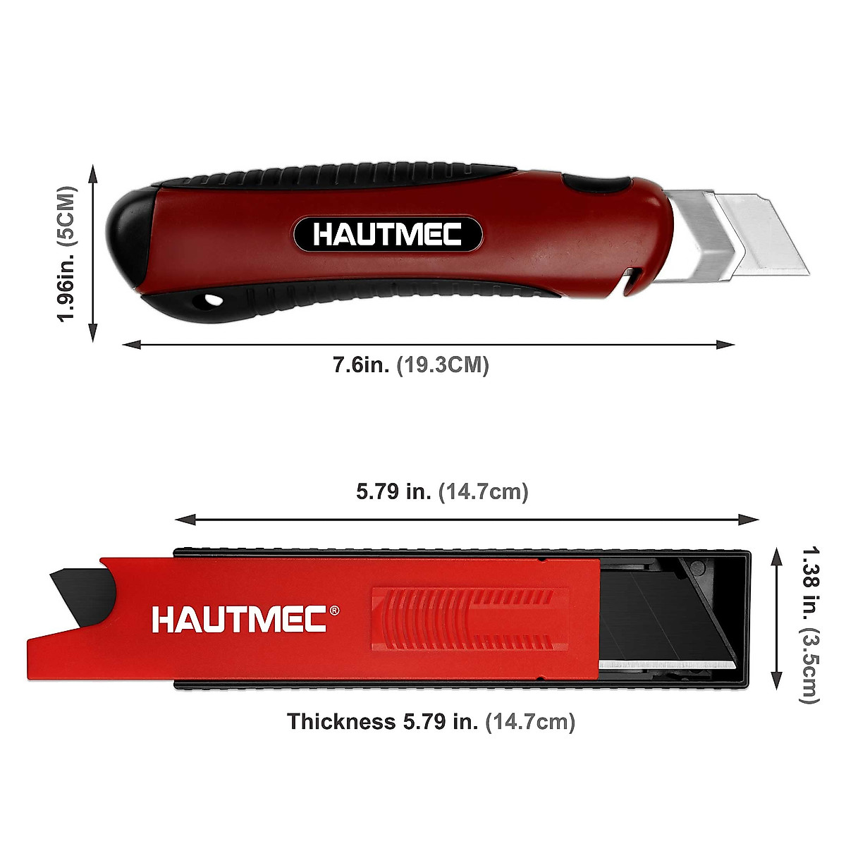 HAUTMEC 25mm Pro Heavy Duty Utility Knife Box Cutter with Extra 10PCS Rust Proof SK2H Black Sharp Blades, Autolock Slider, Sturdy Body for Industrial or Construction Applications HT0205-KN