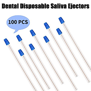 Bag of 100 Dental Disposable Saliva Ejectors Dental Suction Tips, Saliva Aspirator Tube & Evacuation Suction Tips, Clear Body with White/Blue Tips (Blue)