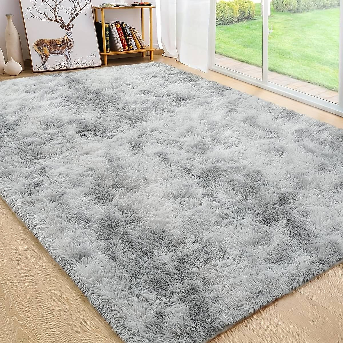Floralux 5x7 Rugs Light Gray Tie-dyed, Shag Area Rugs 5x7 for Bedroom, Fluffy Carpets Rugs for Living Room, (5x7 Ft., Tie-dyed Light Gray)