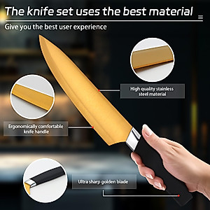 Kitchen Knife Set, Retrosohoo 6 Pieces Sharp Stainless Steel Chef Knife Set with Cylindrical Block, Ergonomic Black Handle Knife with Gold Blades, Knife Set with Gift Box, House Warming Gift (Black)