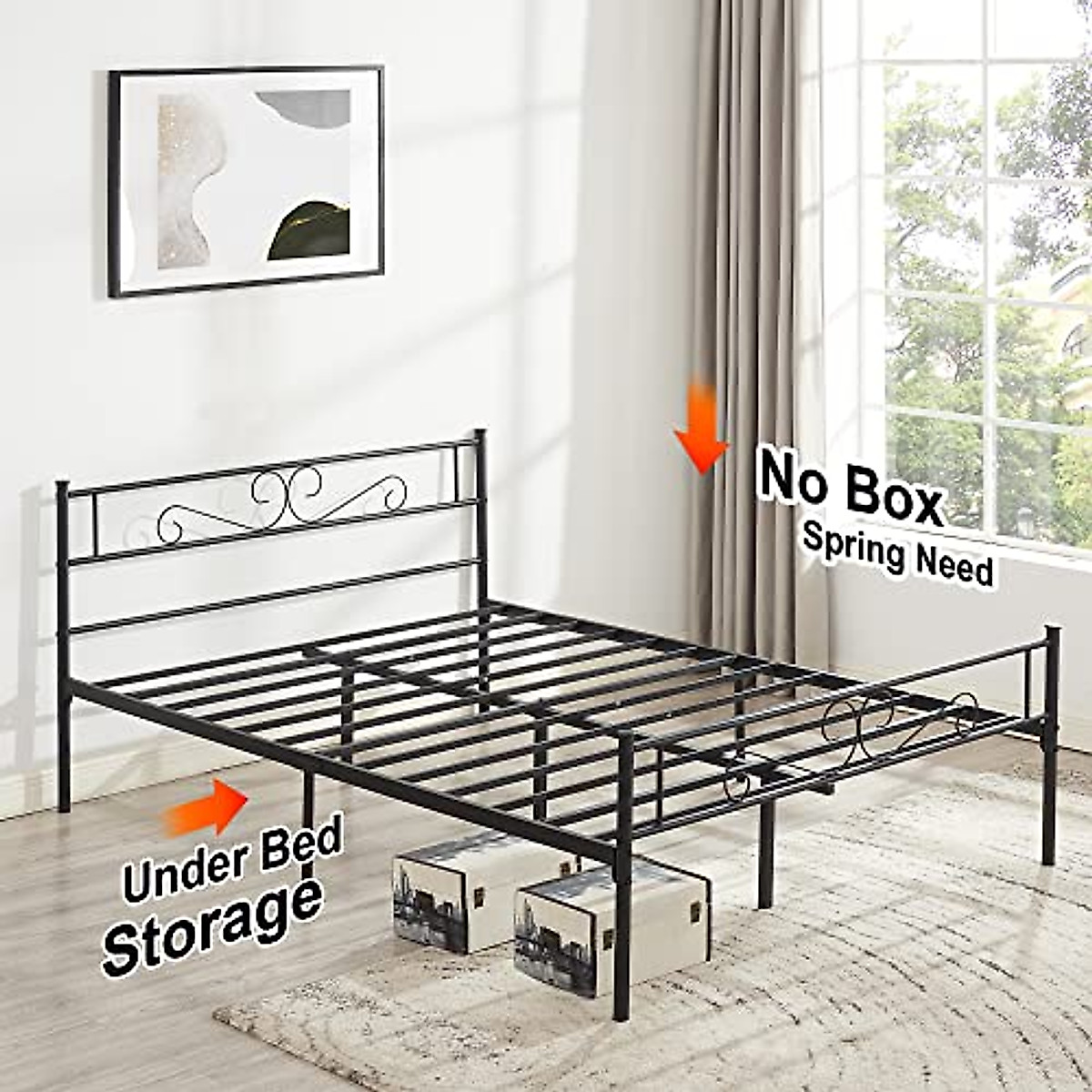 VECELO Metal Platform Bed Frame Mattress Foundation with Vintage Headboard & Footboard, No Box Spring Needed, Easy Assembly, Queen, Black