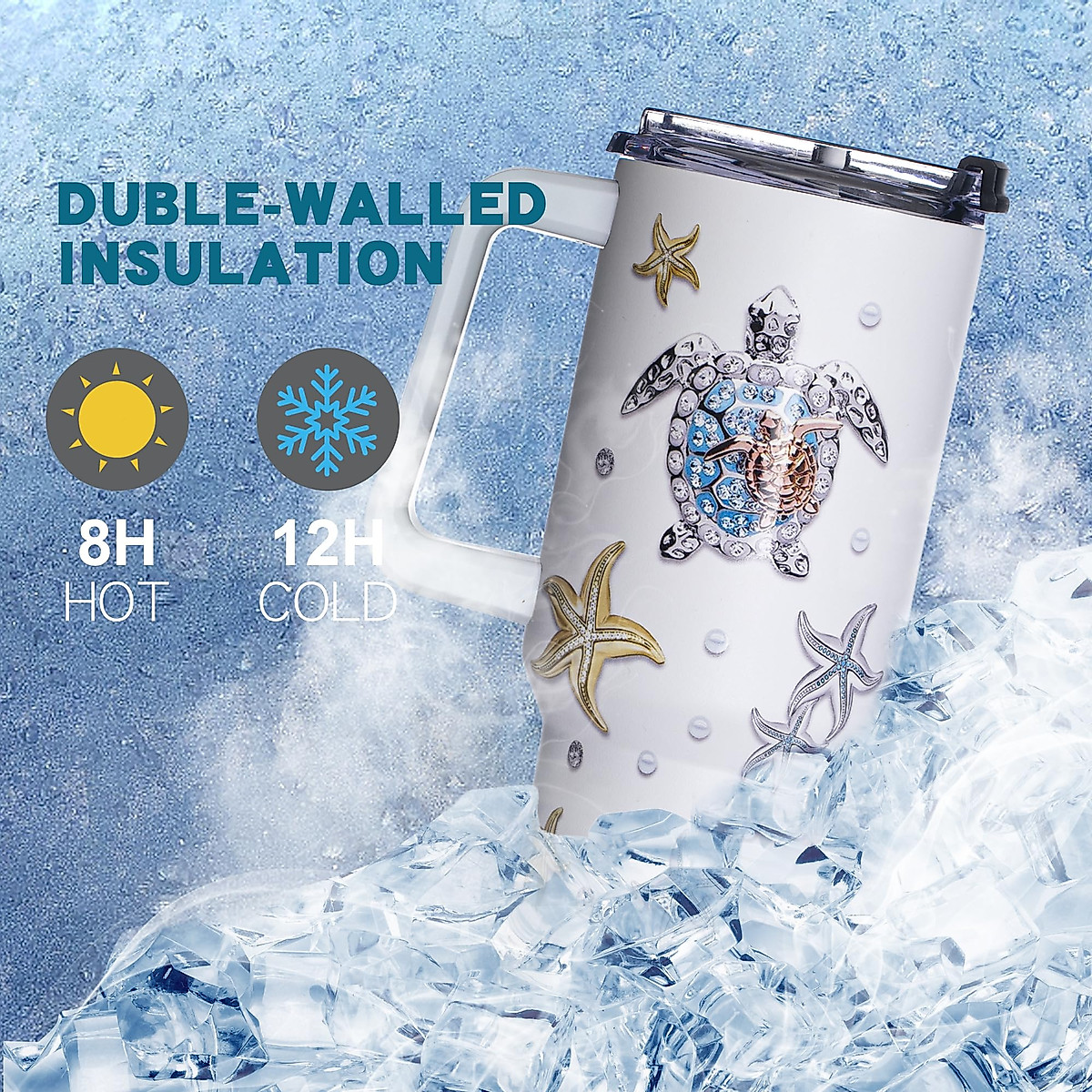 Gome 40 oz Sea Turtle Tumbler with Handle - Insulated Stainless Steel Ocean-Themed Cup with Lid and Straw - Keeps Drinks Cold and Hot,Birthday Gifts for Women - Hand Wash Only