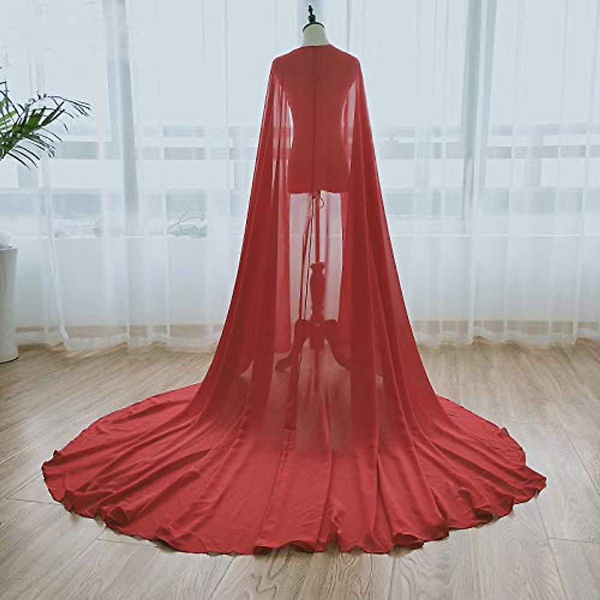 EllieHouse Long Chiffon Bridal Cape Wedding Veil Cloak For Bride Red 3M