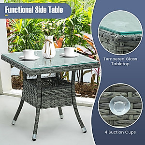 Tangkula 3-Piece Wicker Adirondack Set, Ergonomic Oversized Rattan Chairs w/Coffee Table, Comfy Seat Cushions, Tempered Glass Tabletop, Patio Wicker Conversation Set for Porch (Wicker, 3-pc)