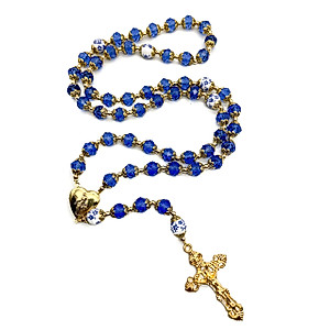 Nazareth Store Catholic Blue Crystal Beads Gold Rosary Flowers Beaded Necklace Miraculous Heart Locket Medal & Cross Religious Women Men Amulet