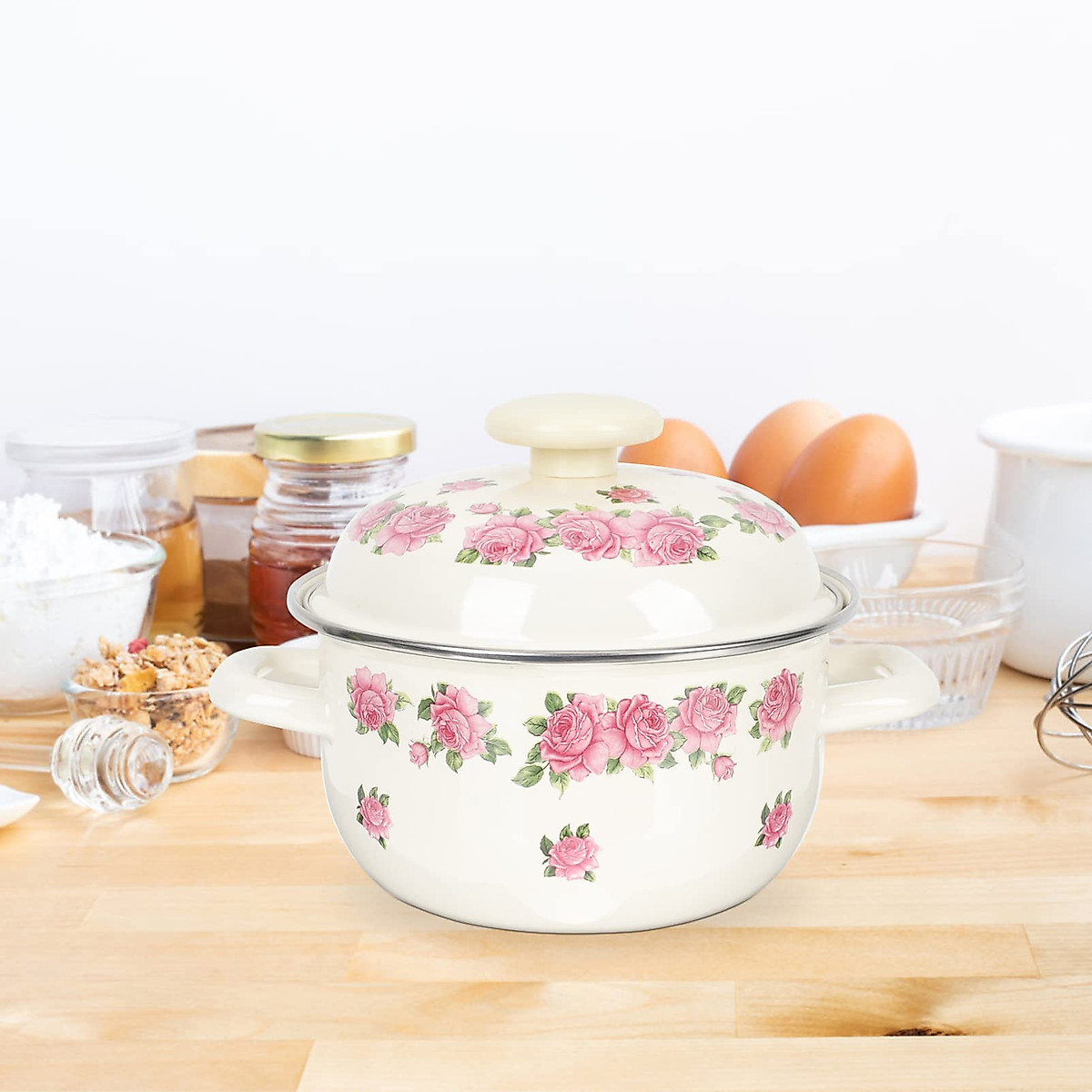 Zerodeko Pots Pioneer Woman Cookware Flower Enamel Stock Pot with Lid Cooking Pot Non Stick Soup Pot Casserole Pot Pasta Pot Sauce Pot with Handle for Kitchen 16cm Pioneer Woman Cookware