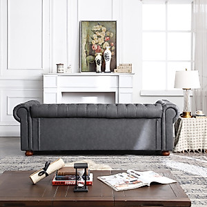 N NOORDENIYA Chesterfield Sofa,Faux Leather Couch Upholstered Sofa with Low Back,Roll Arm Nailhead Trim Classic 3 Seater Sofa for Living Room,Home Furniture (Dark Grey)