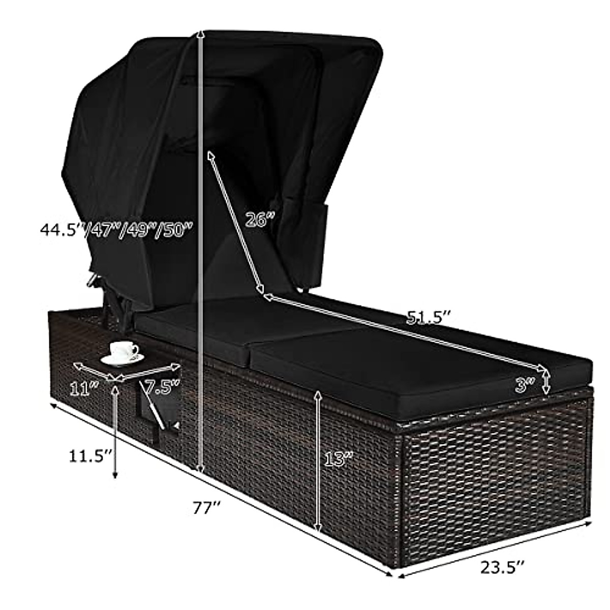 HAPPYGRILL Patio Lounge with Retractable Canopy Outdoor Reclining Chair with Adjustable Backrest Rattan Wicker Lounge Daybed with Coffee Table Sun Lounger for Beach Poolside Backyard Balcony Porch