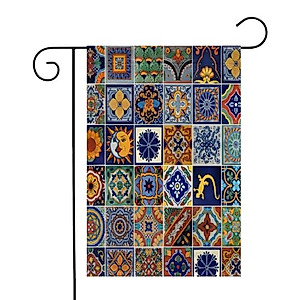 Double-sided garden flag Mexican Talavera Ceramic Tile Pattern Ethnic Folk Outdoor Flag Garden Flag Yard Outdoor Decoration （12×18in）.