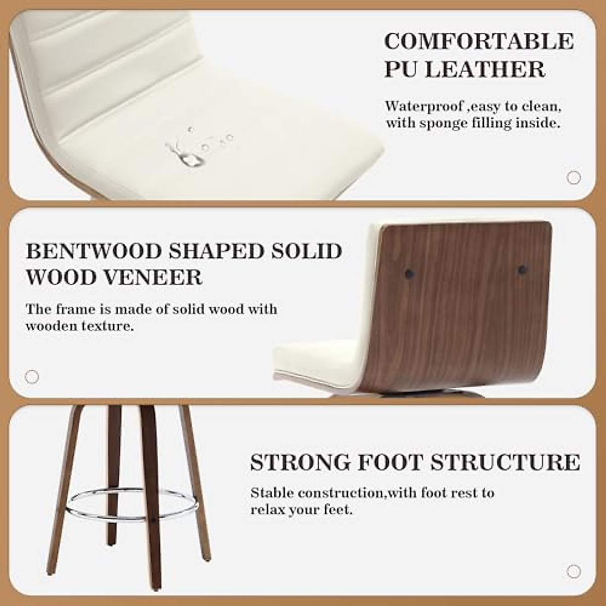 Bekrvio Bar Stools Set of 3 Swivel Bar Stools with Backs, 29 Inch Bar Height Upholstered PU Leather Barstool, L Shape Back, Padded Seat, Mid-Century Modern Bar Stool Chairs for Kitchen Island, White