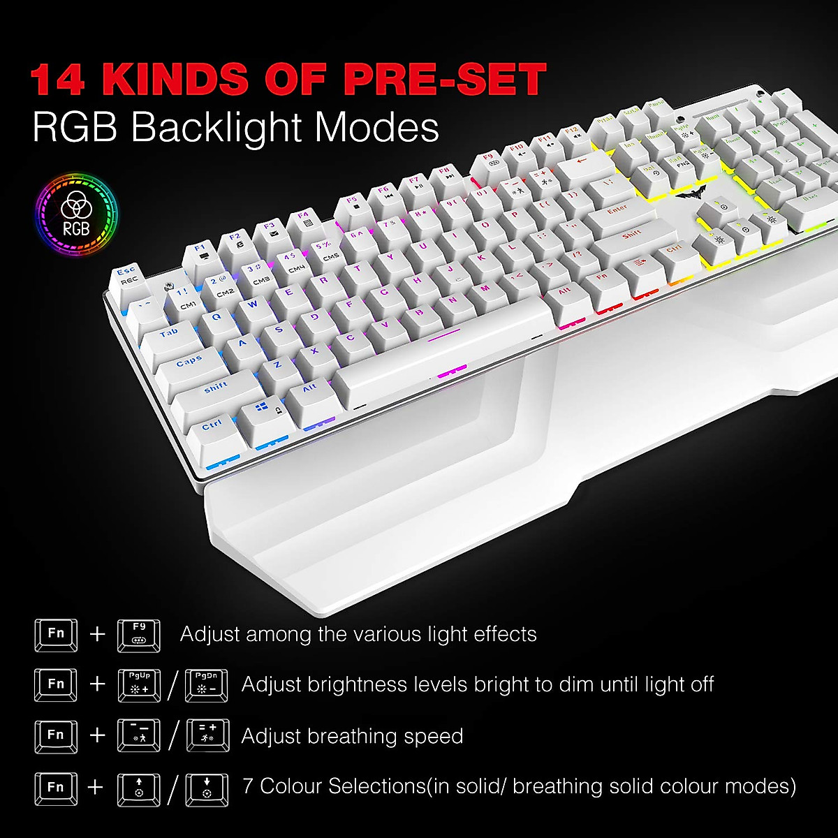 Havit Mechanical Keyboard and Mouse Combo RGB Gaming 104 Keys Blue Switches Wired USB Keyboards with Detachable Wrist Rest, Programmable Gaming Mouse for PC Gamer Computer Desktop (White)