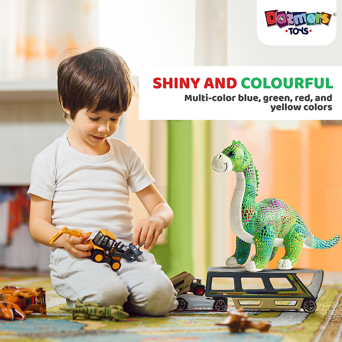 BUILD ME Plush Dinosaur Stuffed Animal Set of 4 Soft Dinosaurs, 12" Stuffed Dinosaur Set Includes T-Rex Brachiosaurus Stegosaurus and Triceratops Toys for Boys, Volcano Toys for Kids 3-5