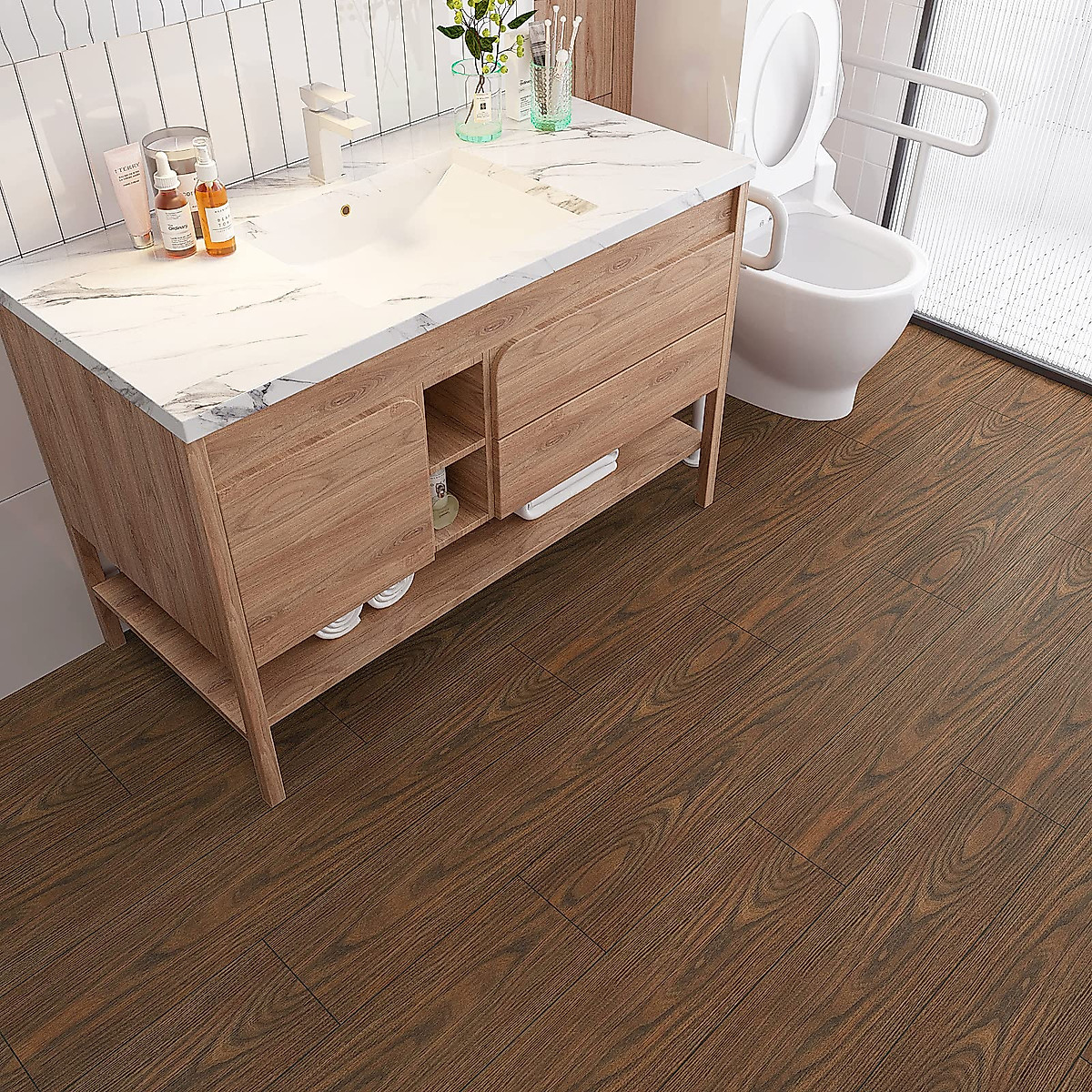 VEELIKE 36-Pack Brown Chestnut Wood Peel and Stick Floor Tile Bathroom Waterproof Wood Look Vinyl Flooring Planks 6''x36'' Self Adhesive Brown Flooring for Bedroom Living Room Kitchen