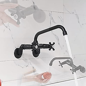 Jshozzy Matte Black Wall Mount Kitchen Sink Faucet Double Handle 3 Inch to 9 Inch Swivel Spout Wall-Mounted Commercial Bar Sink Faucet NSF Lead-Free Hot and Cold Water Mixer Tap Utility Sink Faucet
