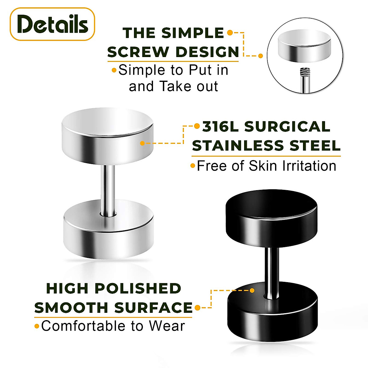 BIG GAUGES 2 Pairs Stainless Steel 16g Gauge 1.2mm Fake Plugs Black Anodized Piercing Jewelry Earring Lobe Screw Studs BG0671