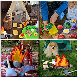 45 PCS Pretend Play Campfire Toy for Kids, Toddler Camping Toys Play Set Felt Campfire Playset with Pretend Cutting Fruits, Plush Fake Fire for Boys Girls Age 3 4 5 6 7