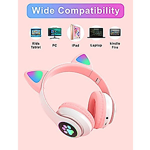 TOKANI Kids Headphones, Bluetooth Wireless Headphones for Kids Teens Adults, Over-Ear Bluetooth Headphones with Microphone, Cat Ear Headphones for Girls Women (Pink)