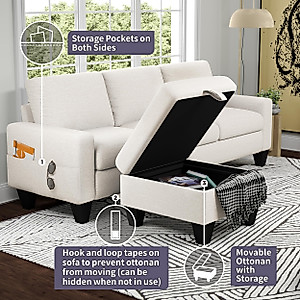 Yattem Convertible Sectional Sofa Couch：Modern L-Shaped Sofa Couches with Reversible Storage Ottoman & Side Storage Pockets - 3-Seat Beige Linen Sofa Couch for Living Room/Apartment/Studio/Small Space