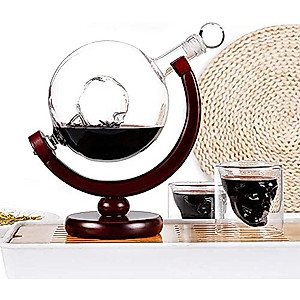 Whiskey Decanter Set whiskey gifts for men Skull Decanter, Rotating Clear Glass Globe Includes 2 Skull Shot Cups, Liquor Dispenser with Wooden Stand, Whiskey Decanter with Antique Ship