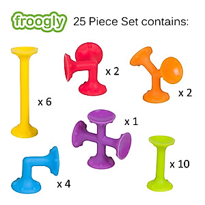 Froogly - 25 Piece Suction Toys | Montessori Bath Construction Building Set Silicone Preschool Daycare Shower Travel for Kids Toddlers Boys Girls Ages 3 4 5 6 Year Old
