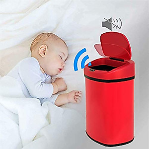 13.2 Gallon Trash Can Kitchen Bathroom Bedroom Stainless Steel Automatic Garbage Can with Odor Control System, 50 Liter Semi-Round No Touch Motion Sensor with Plastic Lid Brushed Waste Bin-Red