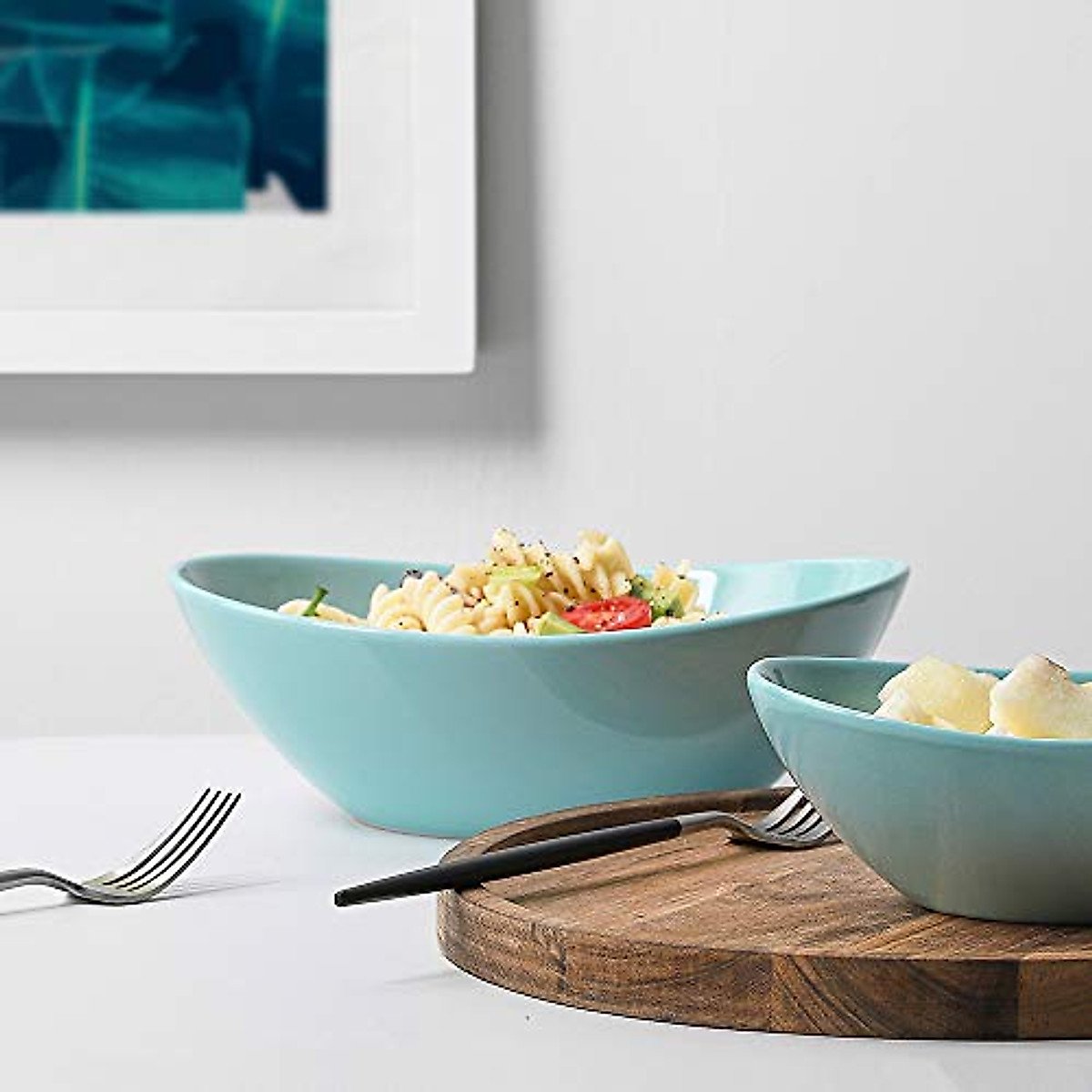 DOWAN 9" Porcelain Serving Bowls, Large Serving Dishes, 36 Ounce for Salads, Side Dishes, Pasta, Oval Shape, Microwave & Dishwasher Safe, Good Size for Dinner Parties, Set of 4, Turquoise