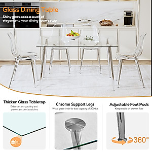 Ufurpie 5 Piece Dining Room Table Set, 51" Glass Kitchen Table & 4 Clear Chairs,Clear Dining Table Sets w/Chrome Legs, Pre Assembled Modern Glass Dining Table Set for 4(Silver)