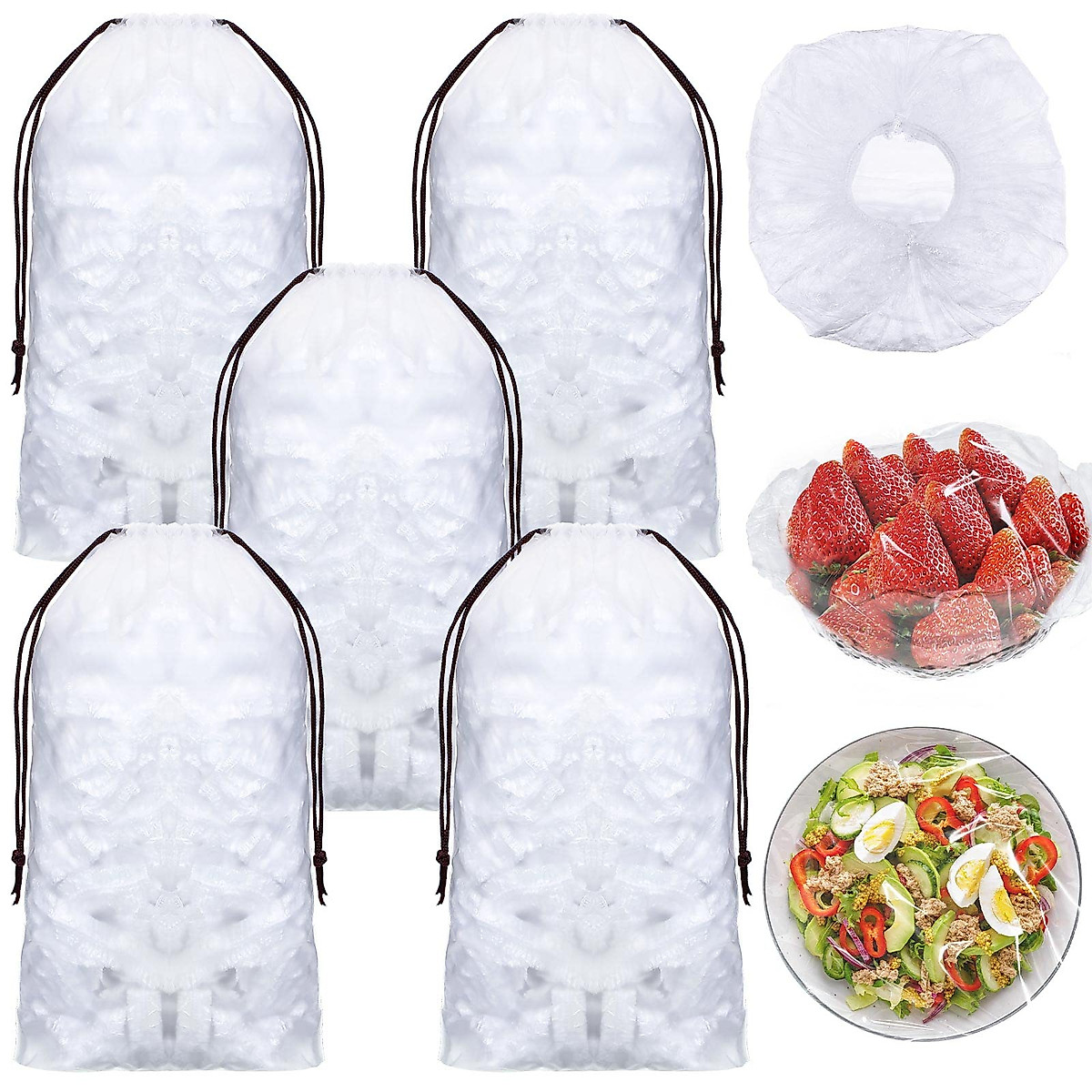 500 Pcs Fresh Keeping Bags Elastic Food Storage Covers Plate Bowl Covers Reusable Clear Stretch Plastic Covers for Bowls with 5 Pcs Drawstring Storage Bags for Family Outdoor Picnic Wrap Lid