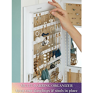 LUXFURNI Mirror with Storage, Jewelry Cabinet Armoire, Door/Wall Mounted LED Jewelry Organizer, Interior Mirror, Lockable, White