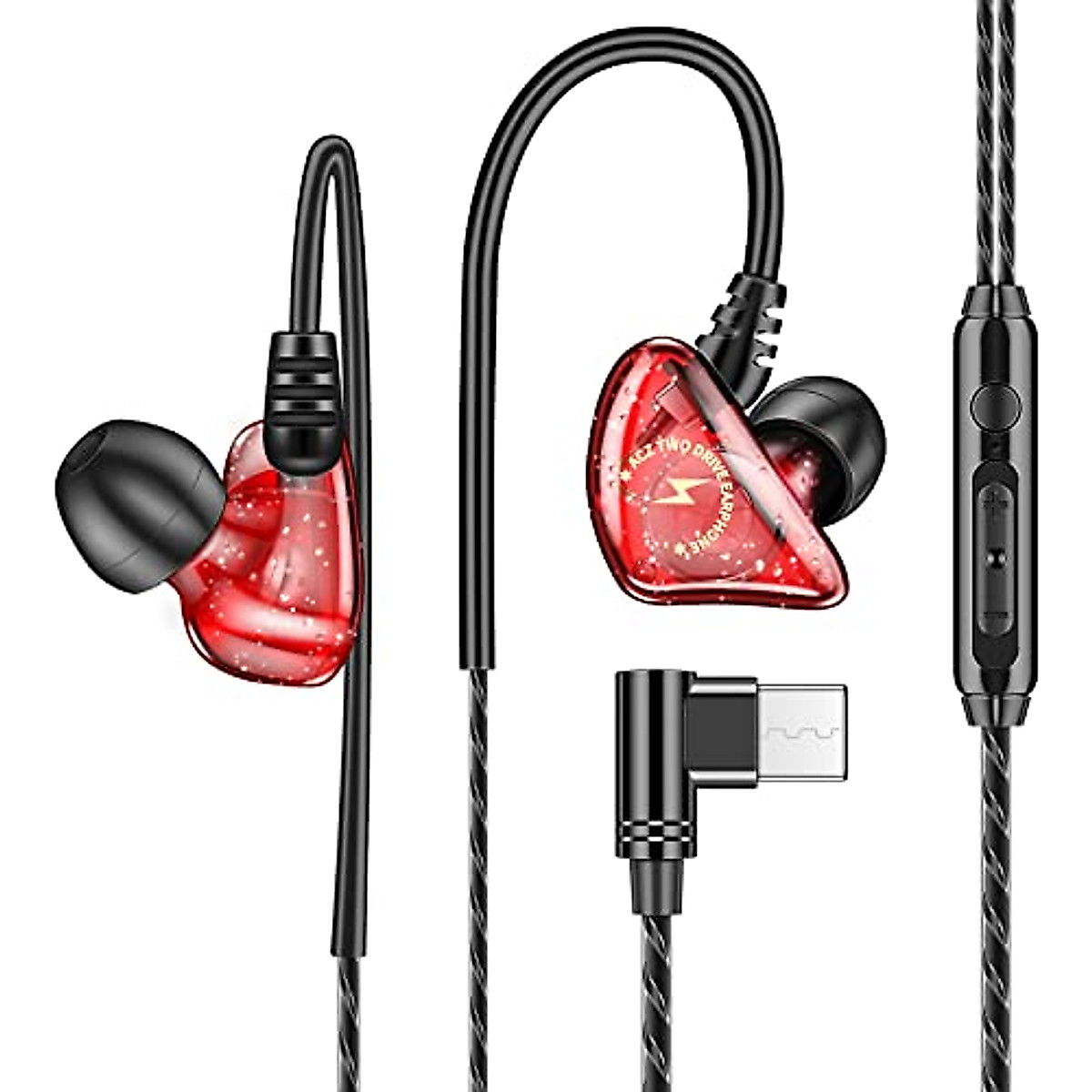 HoneyAKE USB Type C Headphone Earbuds Earphones with Microphone (Mic) in-Ear Wired Volume Control for Samsung Galaxy S8 Google Pixel 2 XL OnePlus 5 5T 3T, Over Ear Buds for Kids Women Small Ears Red